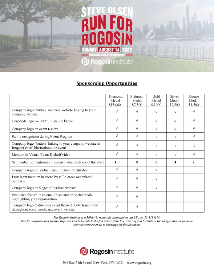 Steve Olsen Run for Rogosin: Sponsorship Opportunities